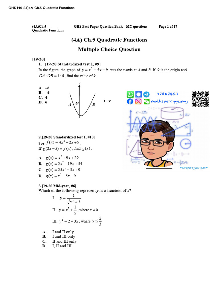 Ghs 19 244a ch.5 Quadratic Functions | PDF | Cartesian Coordinate ...