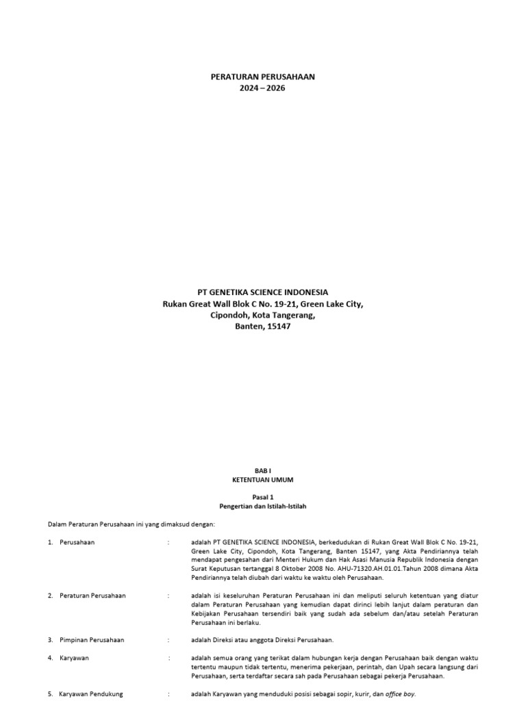 Peraturan Perusahaan PT Genetika Science (Rev Disnaker) 2024 | PDF