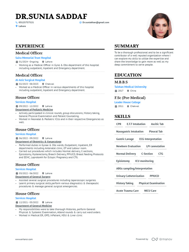 Dr Sunia Resume | PDF | Childbirth | Hospital