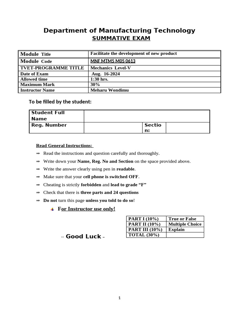 Manufacturing Technology Exam Guide | PDF | New Product Development ...