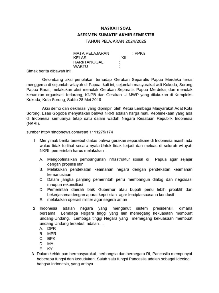 Naskah Soal Pat Pkn Klas 12 2024 | PDF