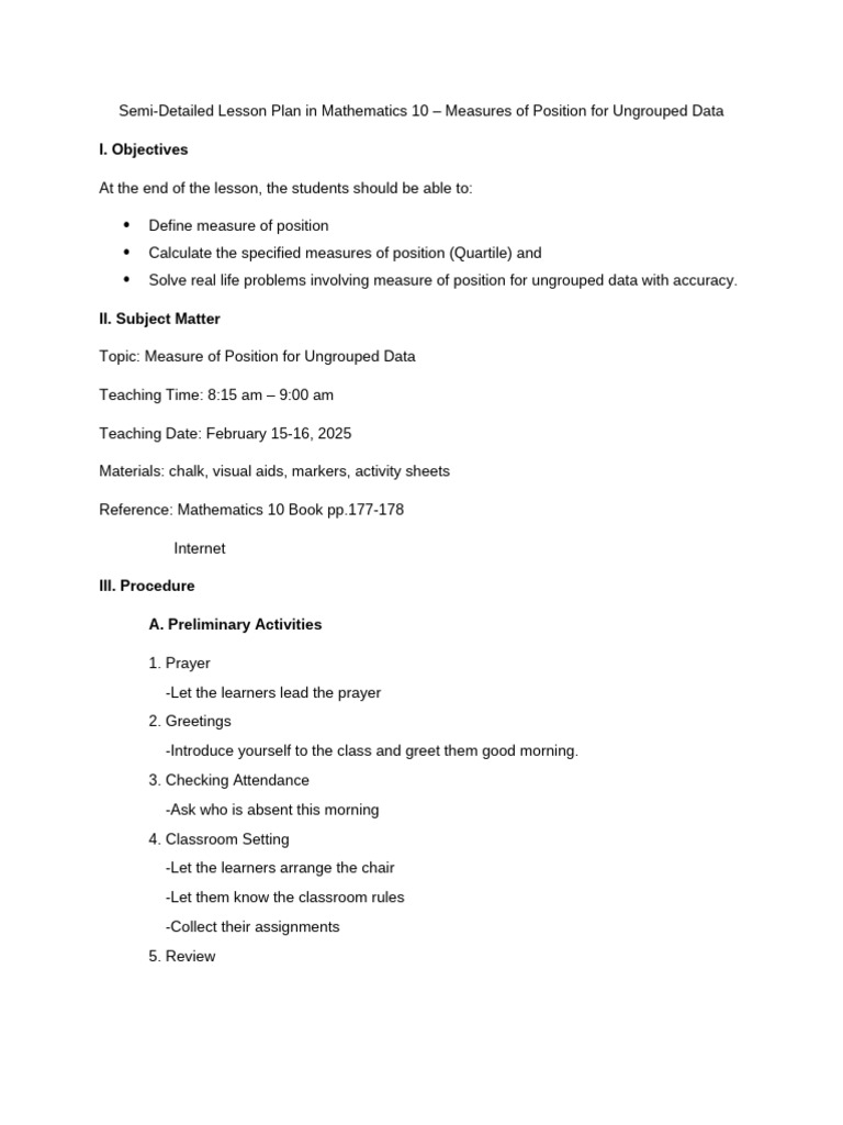 Measures of Position in Math 10 Lesson Plan | PDF | Quartile ...