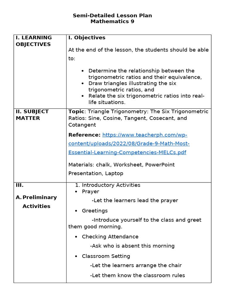 Trigonometric Ratios Lesson Plan for Grade 9 | PDF | Trigonometric ...
