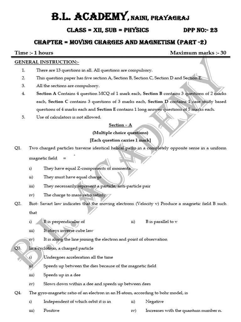 Physics DPP: Moving Charges & Magnetism | PDF | Force | Electron