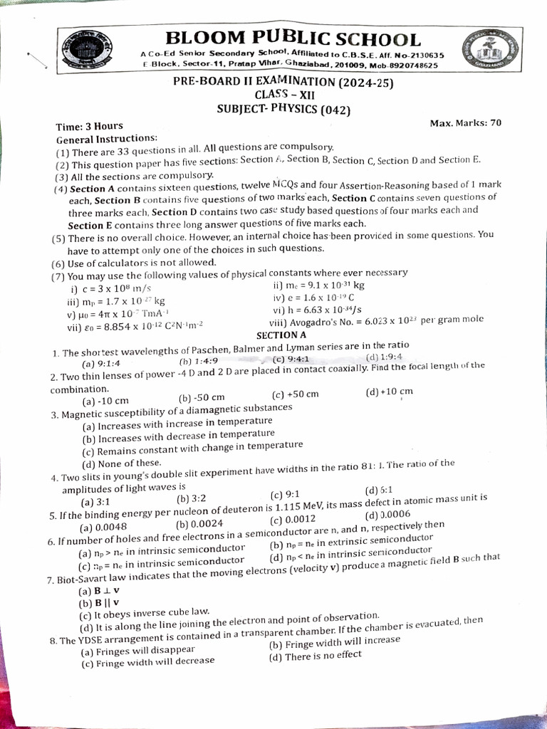 Physics Pre-Board Question Paper 2024 | PDF | Semiconductors | Physics