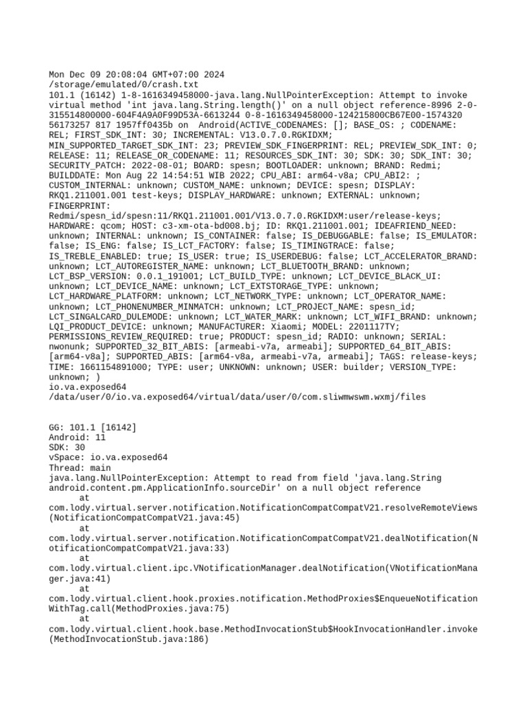 Android NullPointerException Crash Log | PDF | Java (Programming ...