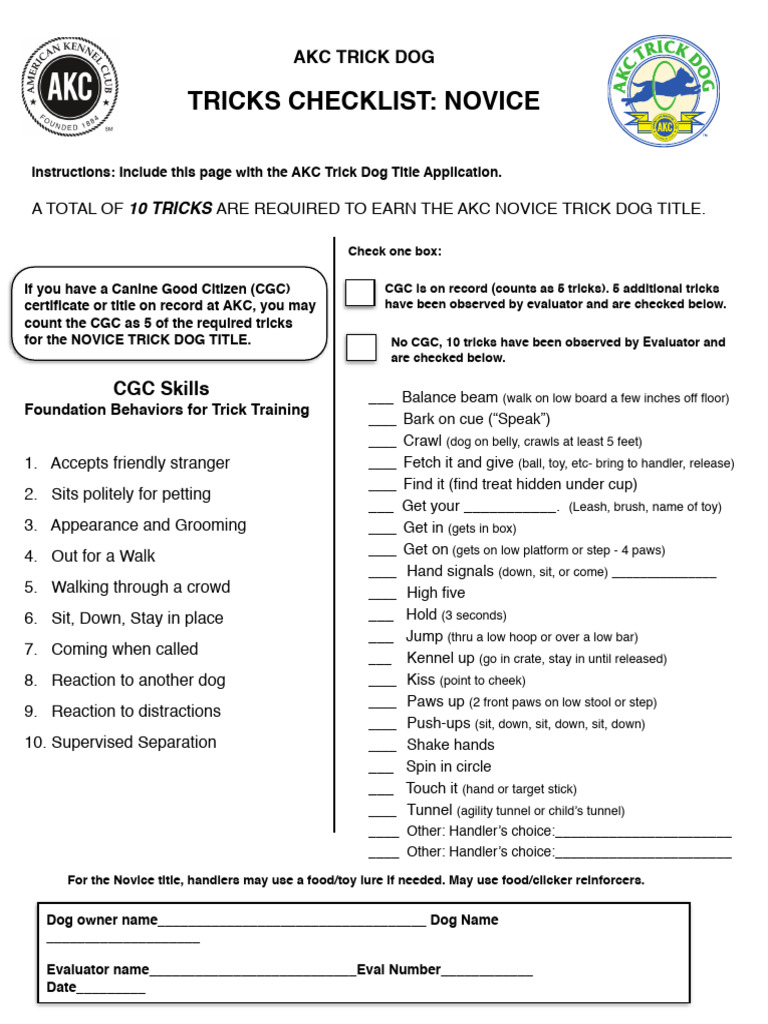 AKC Novice Trick Dog Checklist | PDF | American Kennel Club | Dogs