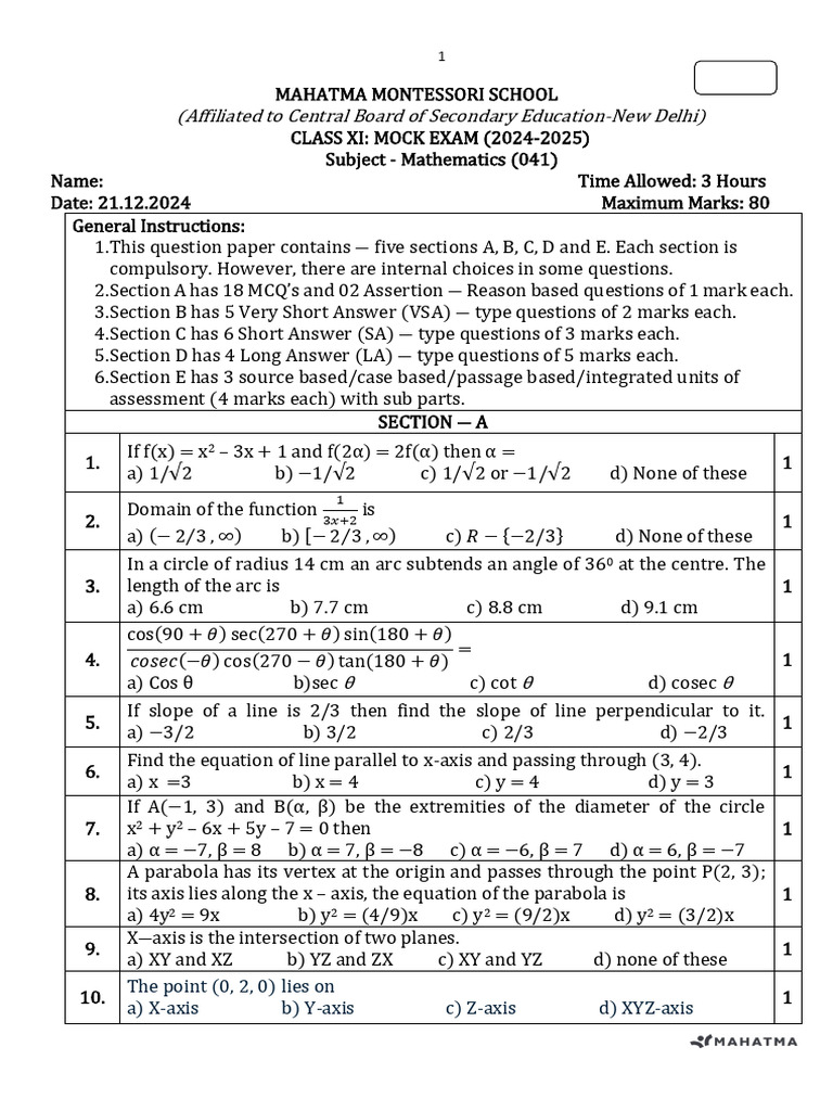 Xi Mock QP Set-A (21.12.2024) | PDF | Perpendicular | Mathematical Concepts