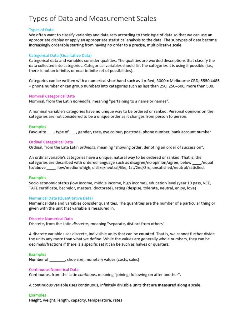 Data Types and Measurement Scales | PDF | Level Of Measurement | Categorical Variable
