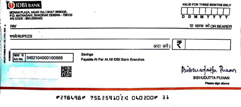 IDBI Bank Savings Account Cheque Template | PDF