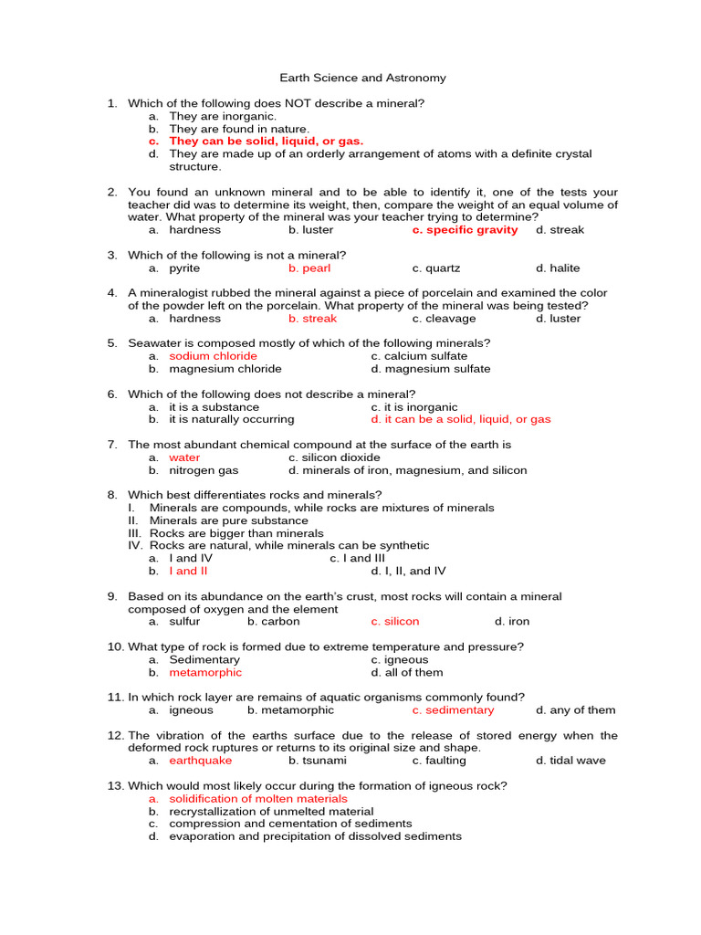 Answer Key Earth Science Pre Test | PDF | Plate Tectonics | Rock (Geology)
