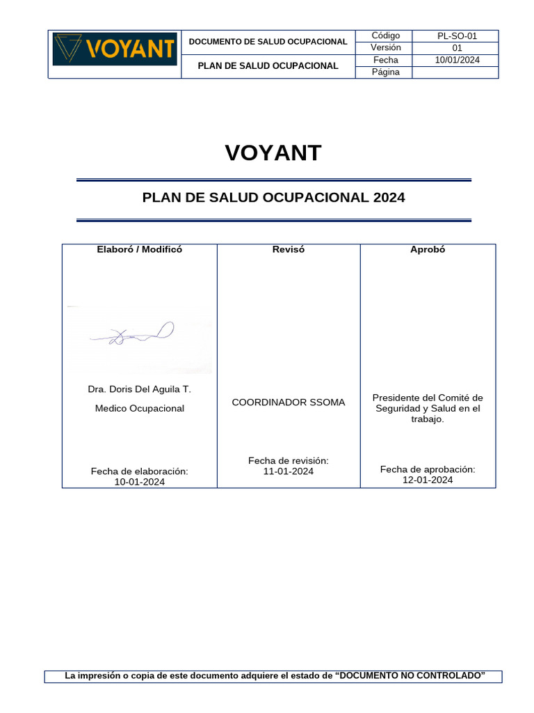 Plan Salud Ocupacional Voyant 2024 | PDF | Seguridad y salud ...