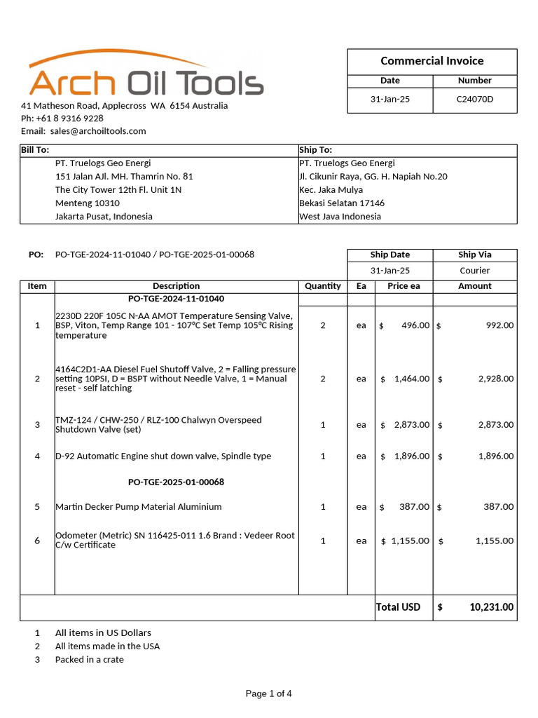 Commercial Invoice for PT. Truelogs Geo Energi | PDF | Gas Technologies ...