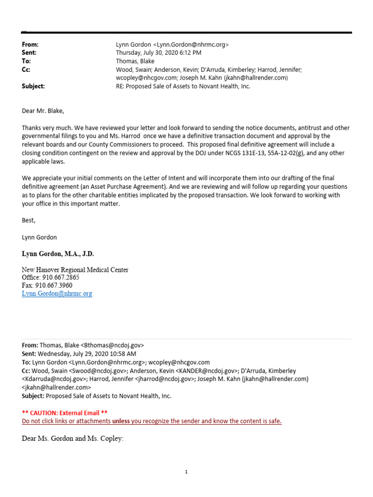 Proposed Asset Sale to Novant Health | PDF