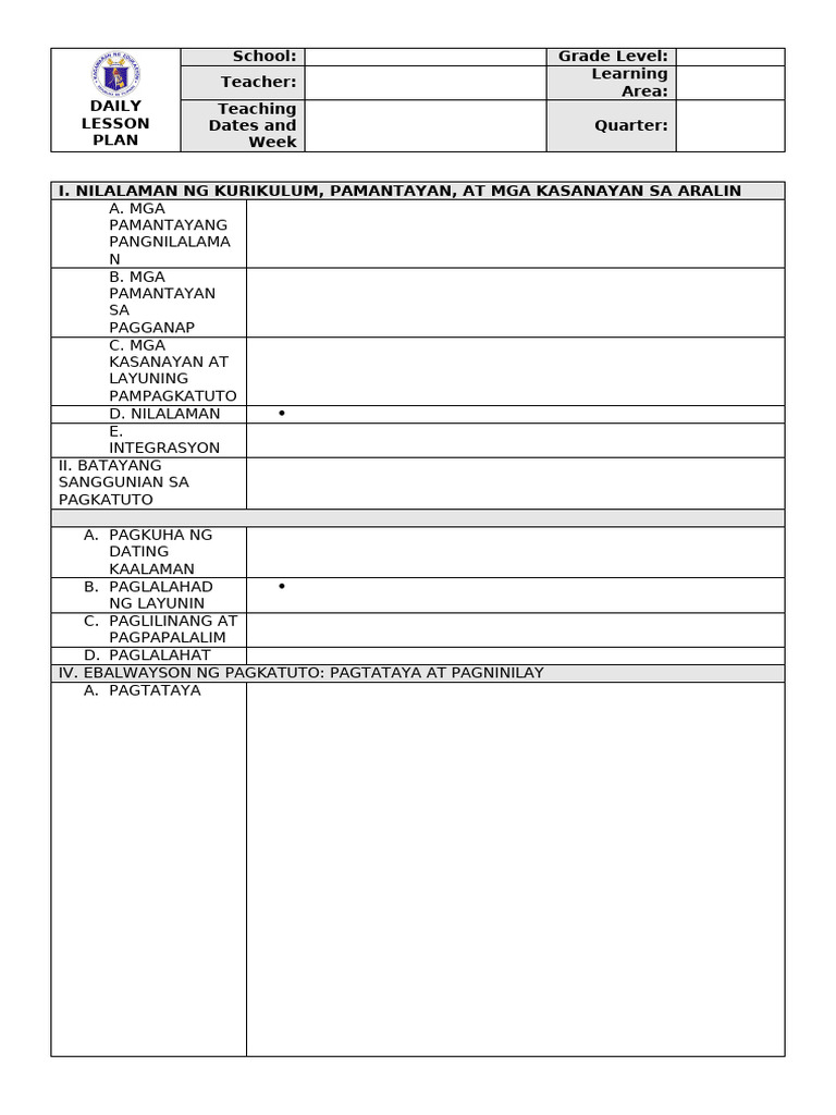 Tagalog Matatag Daily Lesson Plan Format | PDF