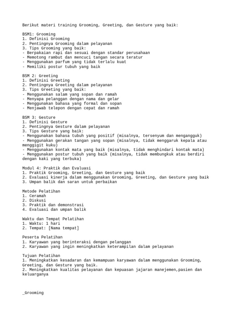 Berikut Materi Training Grooming Greeting Dan Ge | PDF