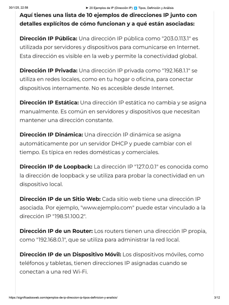 20 Ejemplos de IP (Dirección IP) Tipos, Definición y Análisis | PDF