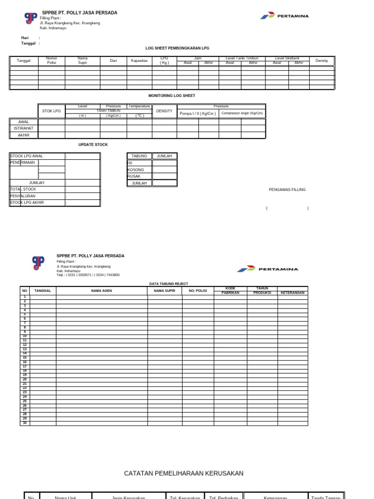 Log Sheet SPPBE PT. Polly Jasa Persada | PDF