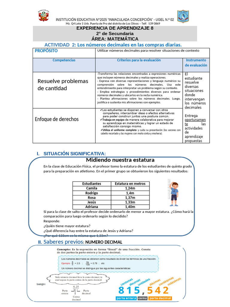 Eda 8 - Act. 2 - Decimales-2do-09-12-2024 | PDF | Aprendizaje | Cognición
