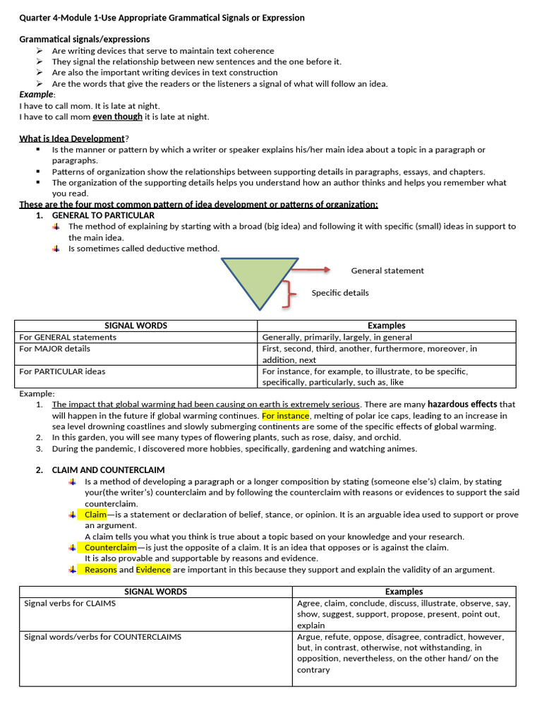 Q4 - Mod1 Grammatical Signals | PDF | Evidence | Reason