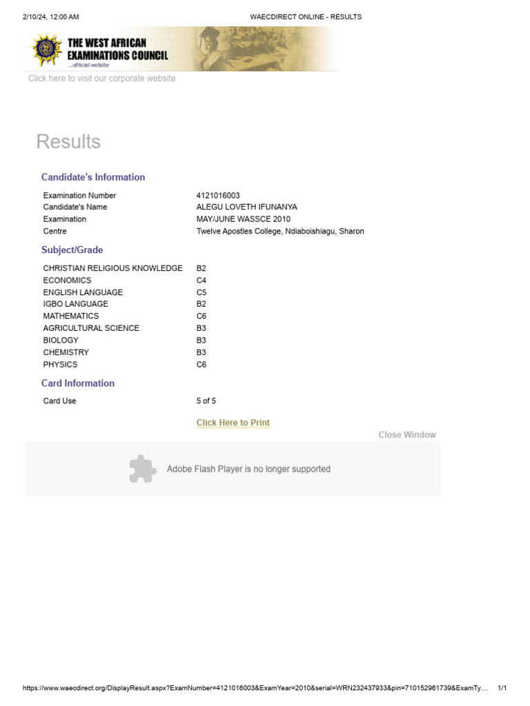 Loveth Waec Results | PDF