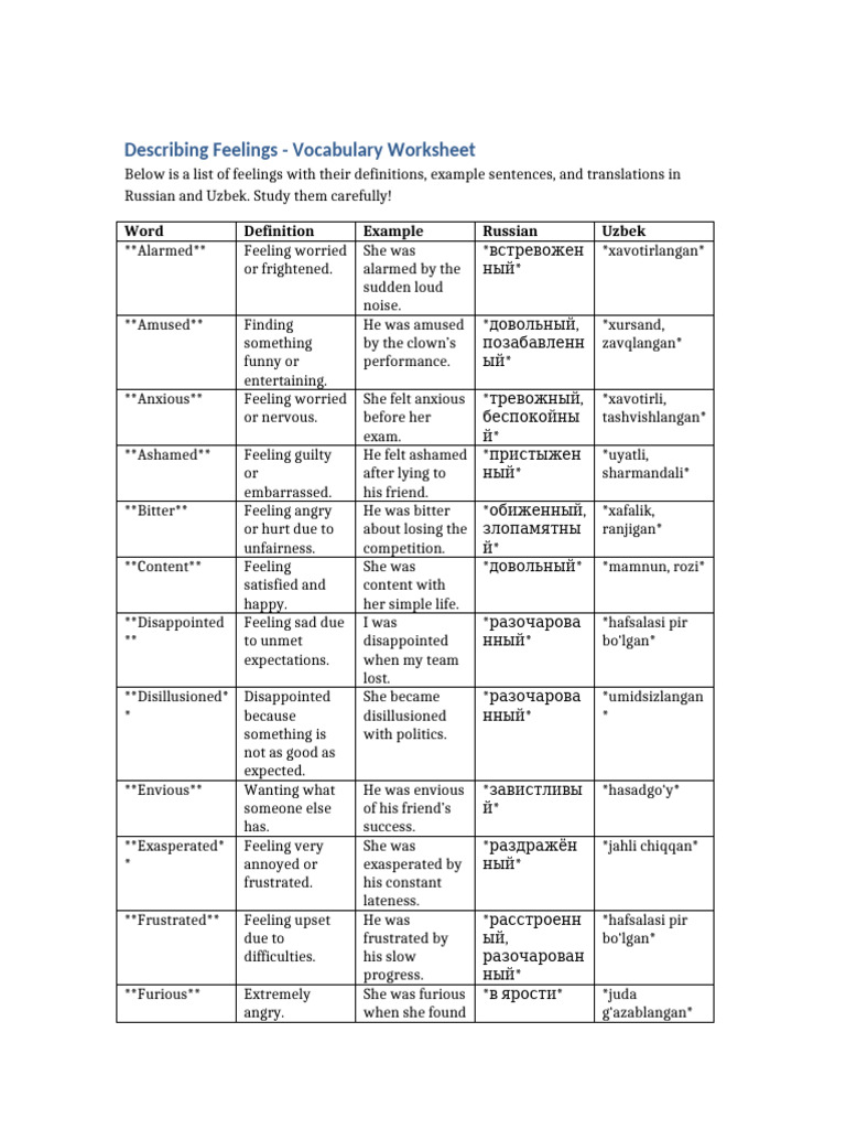 ESL Feelings Vocabulary Worksheet Final | PDF