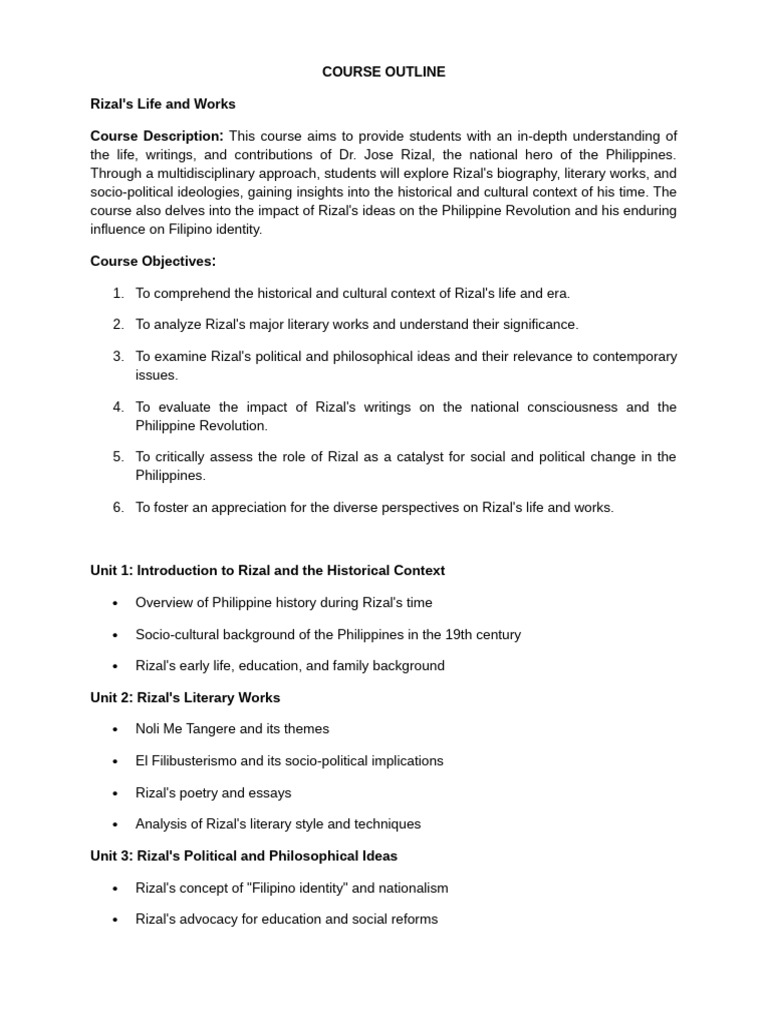 Course Outline Rizal's Life & Works | PDF | Philippines | Liberal Arts ...