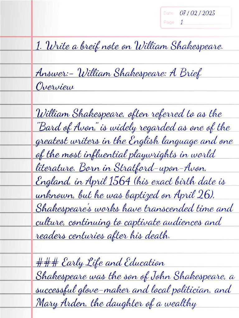 Write A Breif Note On William Shakespeare.-Compressed | PDF