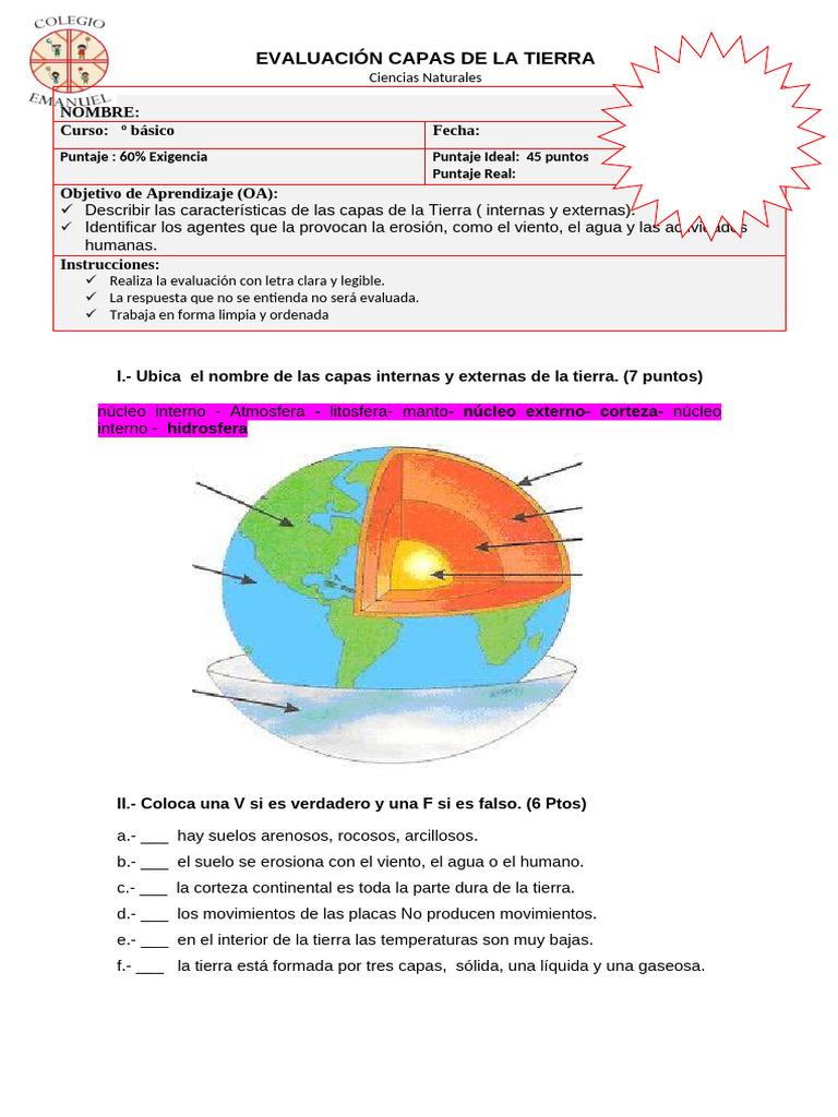Evaluación de las Capas de la Tierra | PDF | Tierra | Temblores