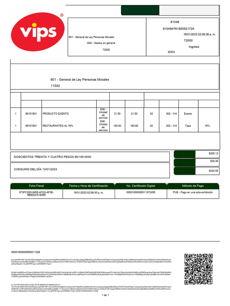 Operadora Vips: 601 - General de Ley Personas Morales 11540 | PDF | Pagos | Economias