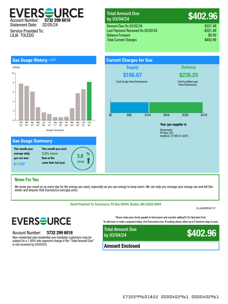 Eversource Gas Bill Summary | PDF