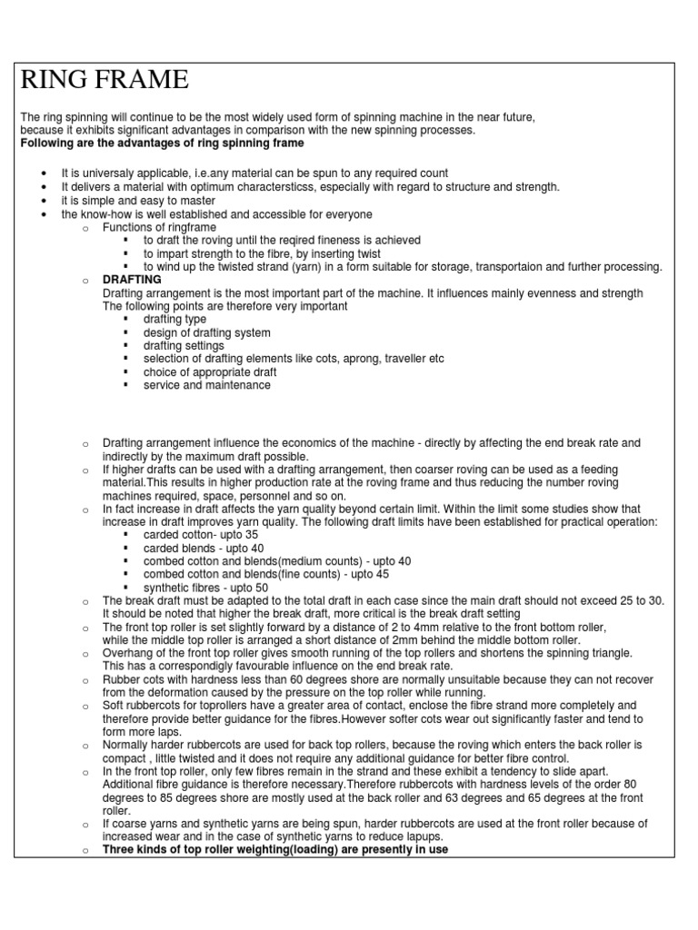Ring Frame | PDF | Spinning (Textiles) | Spindle (Textiles)