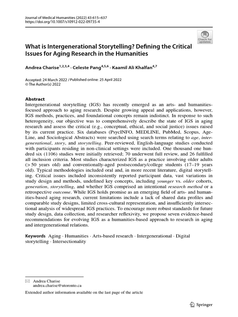 What Is Intergenerational Storytelling? Defining The Critical Issues For Aging Research in The ...
