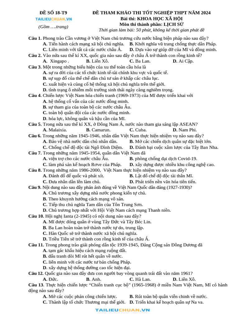 Đề Vip 18 Phát Triển Đề Minh Họa Tham Khảo BGD Môn Sử Năm 2024 T9 | PDF