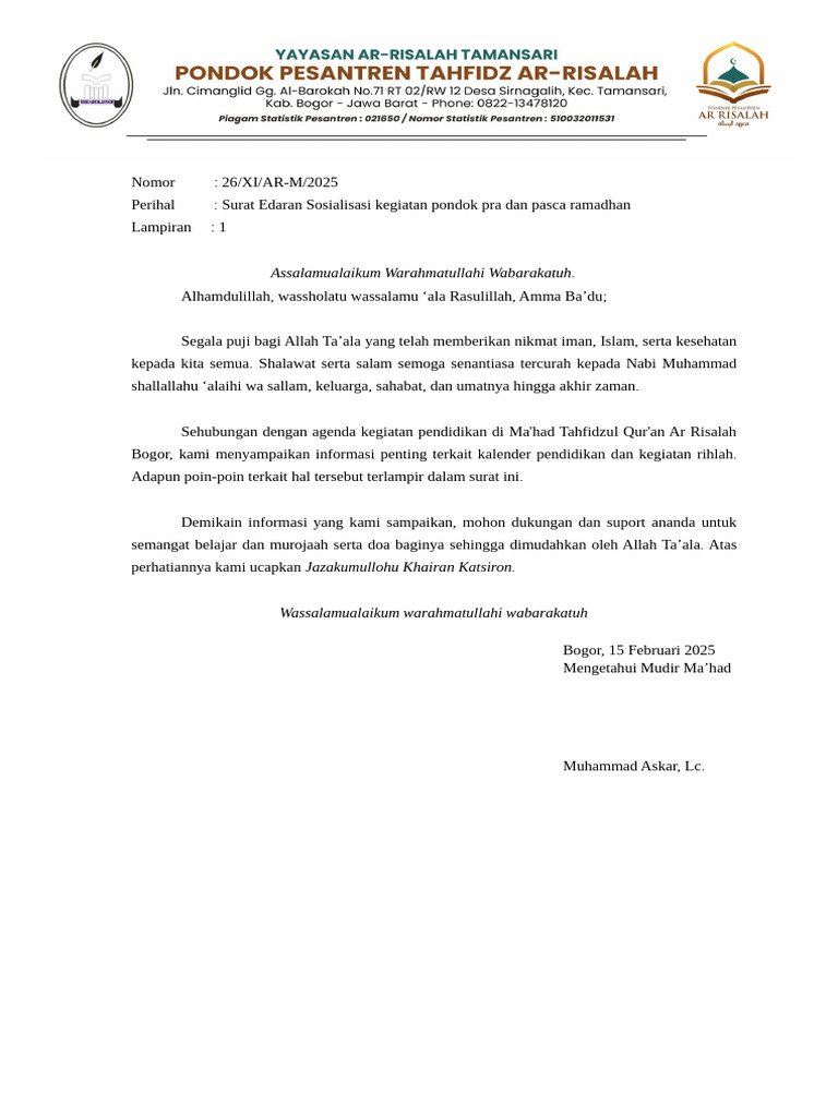 26 Surat Edaran Sosialisasi Kegiatan Pondok Pra Dan Pasca Ramadhan | PDF
