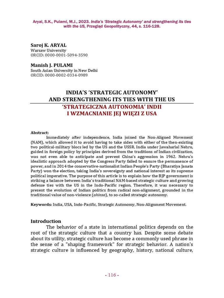 Aryal, SK, Pulami, MJ, 2023. India's 'Strategic Autonomy' | PDF | Non ...