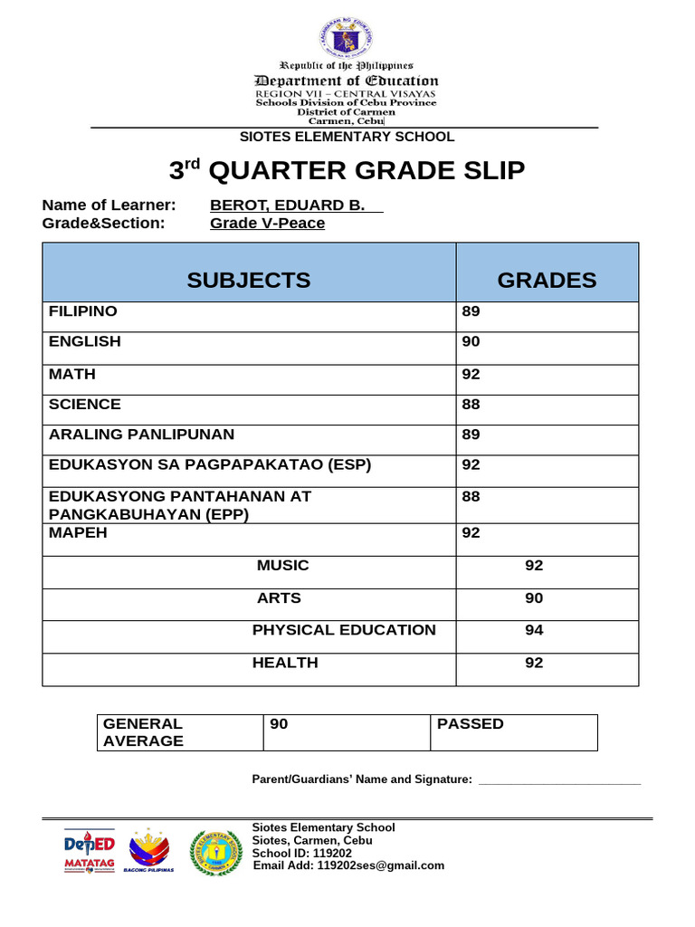 Grade 5 2023-2024 Quarter 3 Grade-Slip | PDF | Life Skills | Physical ...