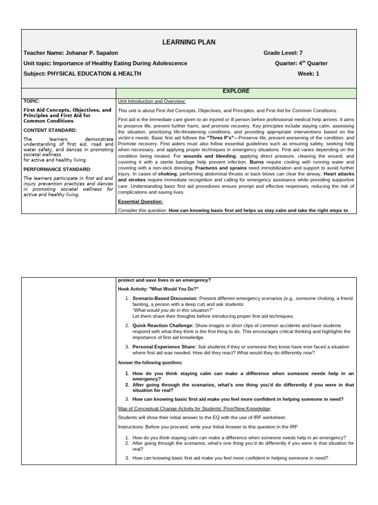 Week 1 Pe&e Learning Plan 4qgrading | PDF | First Aid