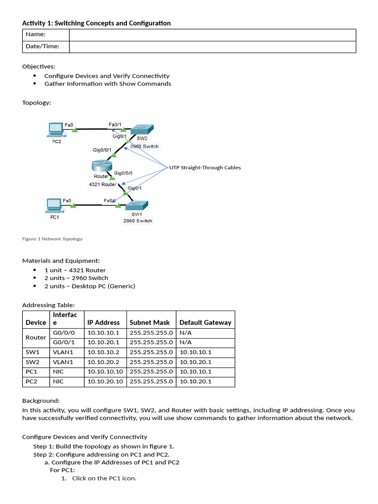 Atcivity 1. Switching Concepts and Configuration | PDF | Ip Address | Command Line Interface