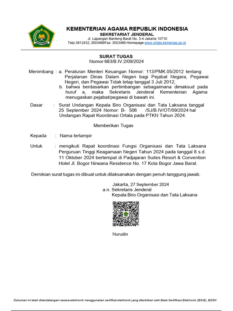 Contoh Surat Tugas Dinas RAKOR PTKN 081124-U | PDF