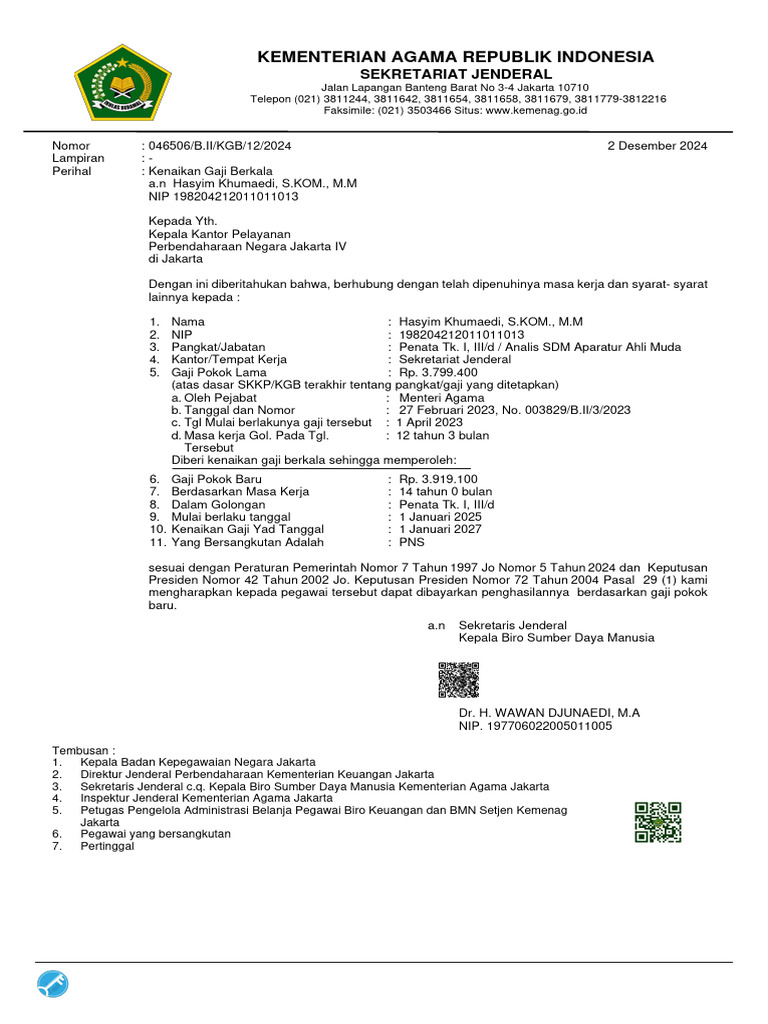 Contoh SK Kenaikan Gaji Berkala PNS | PDF