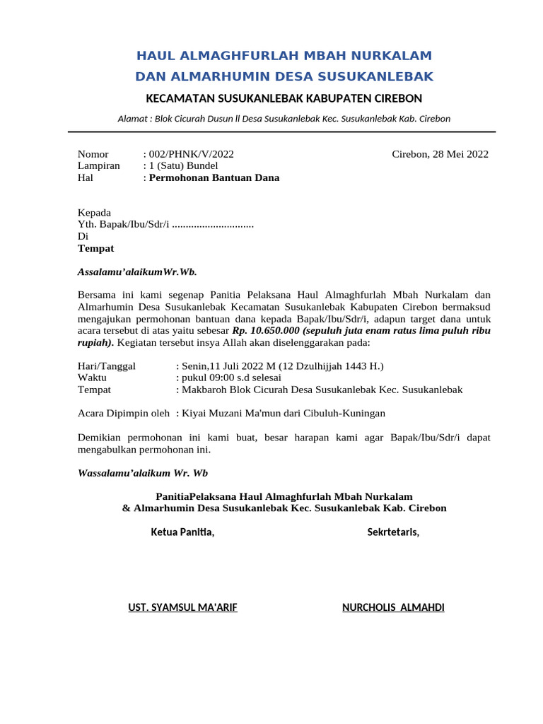 Permohonan Dana Haul Mbah Nurkalam 2022 | PDF