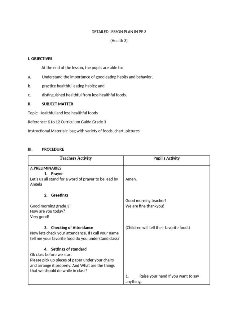 pe Lesson plan | PDF | Foods | Lesson Plan