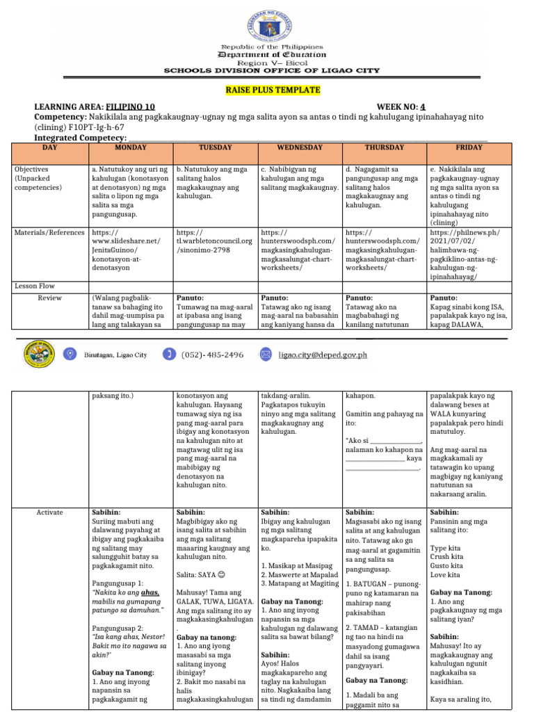 Raise Plus Filipino 10 Week 4 | PDF