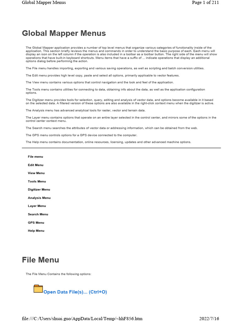 Global Mapper Menu Overview | PDF | Menu (Computing) | 3 D Computer Graphics