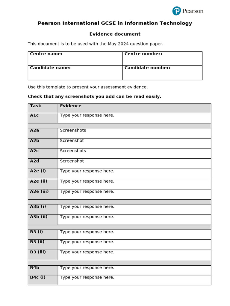 Pearson IGCSE IT Evidence Template | PDF