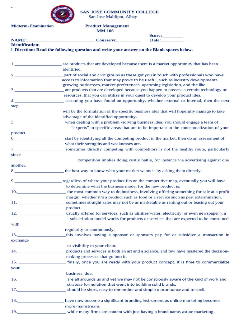 PRODUCT MANAGEMENT Midterm Exam Answer Keys | PDF | Brand | New Product ...