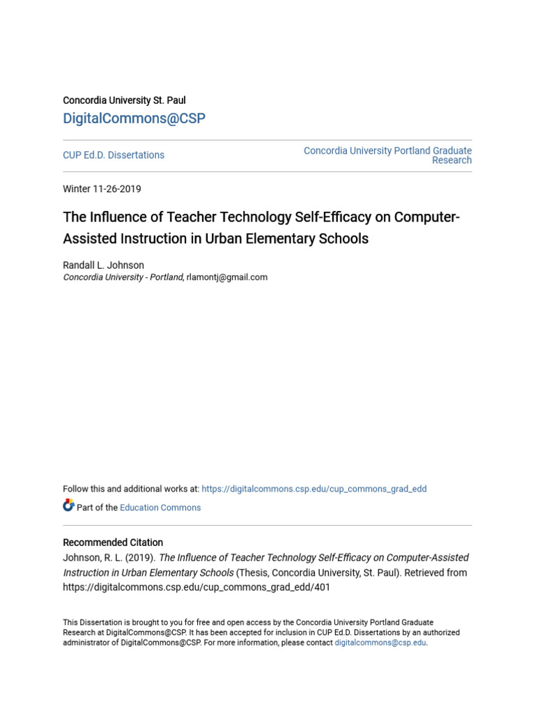 The Influence of Teacher Technology Self-Efficacy On Computer-Ass | PDF | Self Efficacy ...