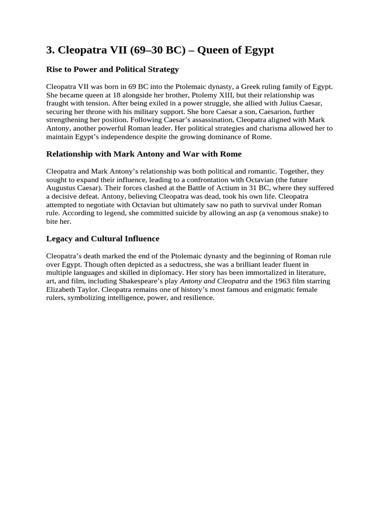 Cleopatra VII (69–30 BC) – Queen of Egypt | PDF