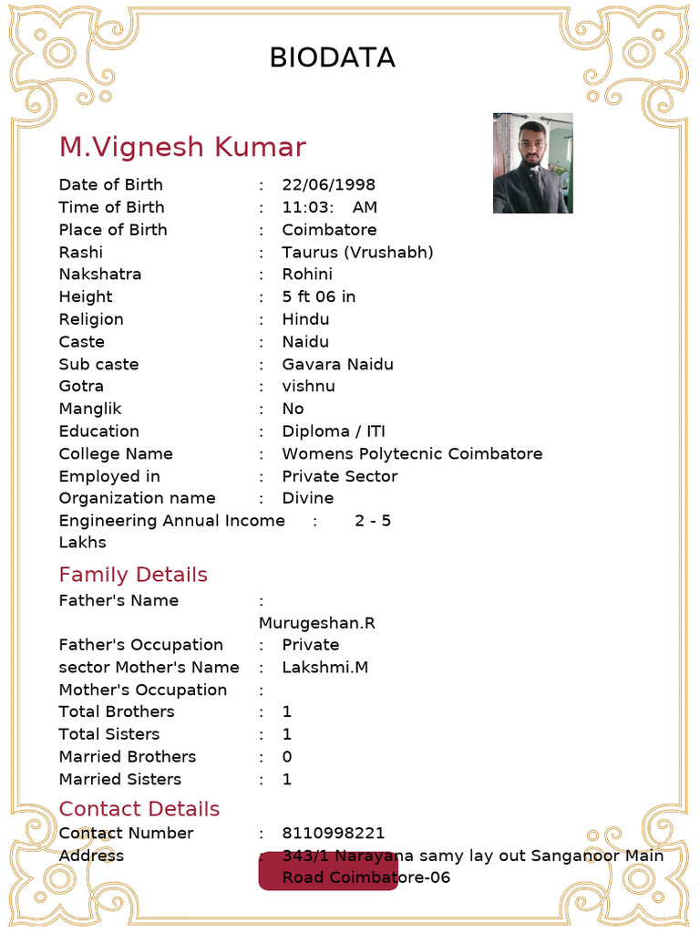 624596147 Vignesh Kumar Bio Data | PDF
